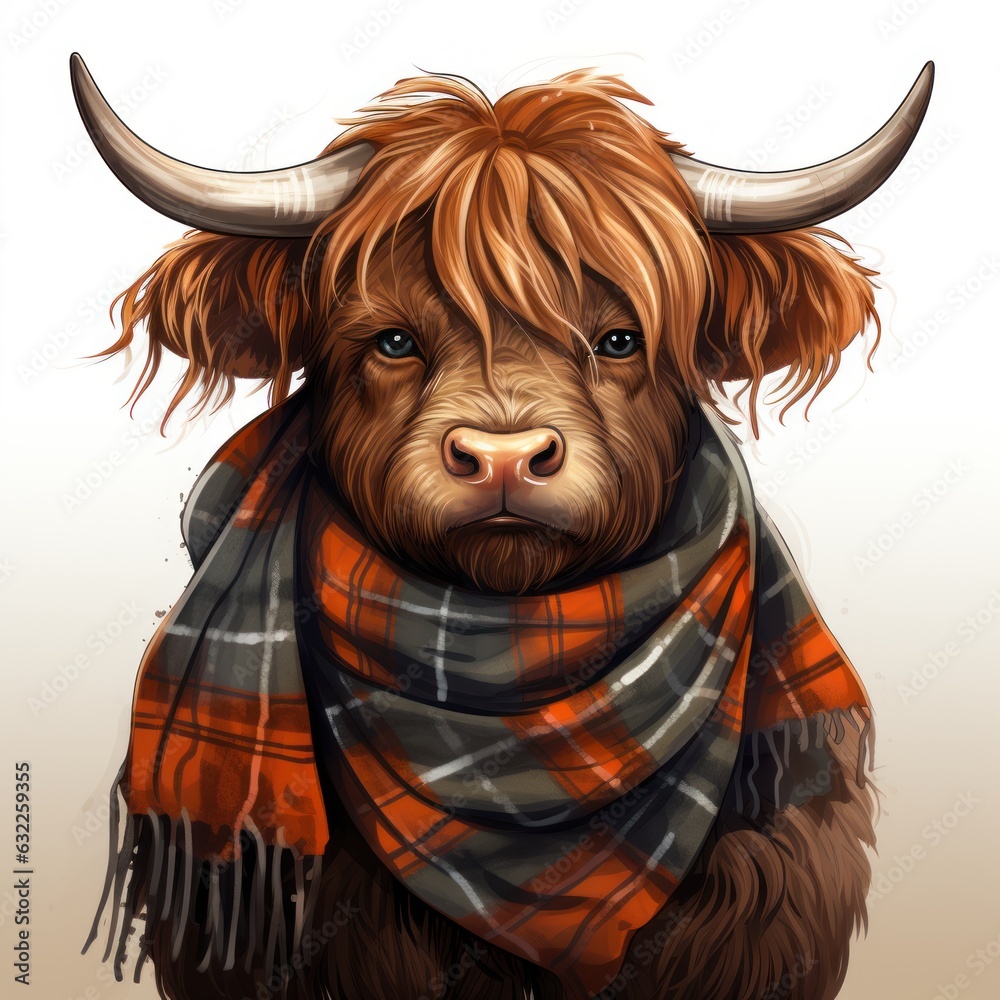 Cartoon Highland Cow with Tartan Scarf Clipart on White Background AI ...