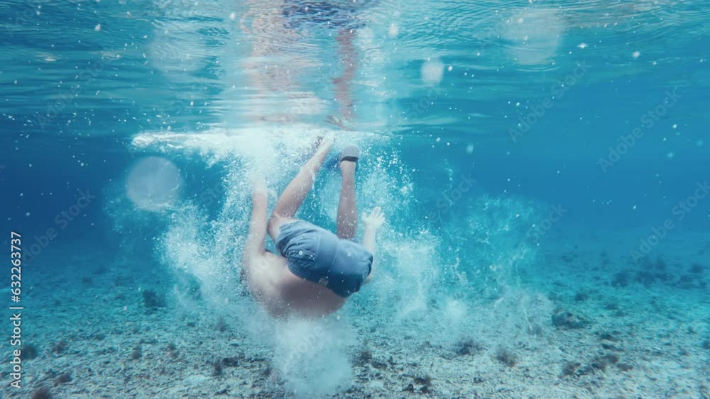 Amazing undersea world with caucasian human wearing free diving mask ...