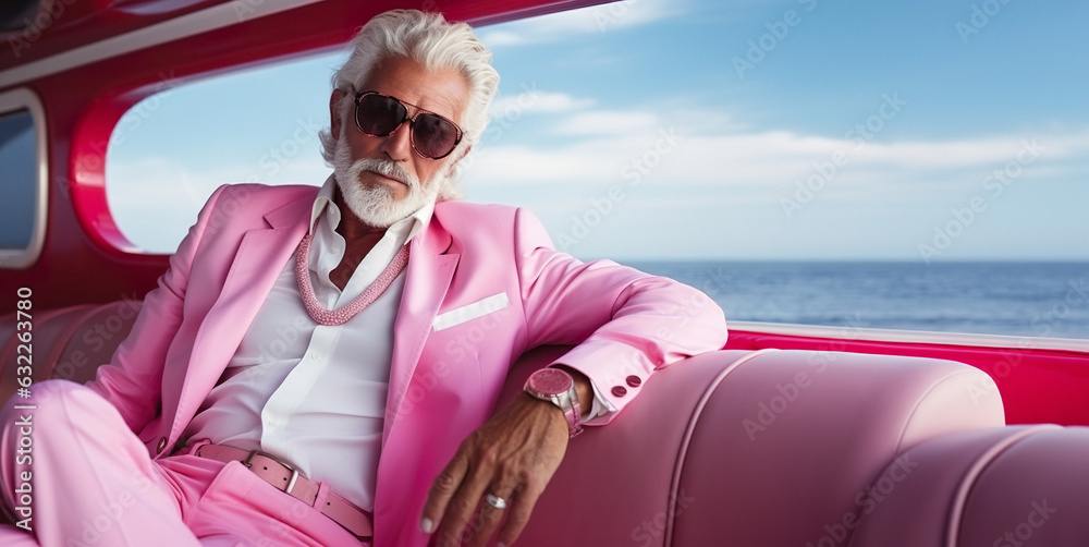 Fashion photo Portrait of a billionaire grandfather in a pink dress on ...