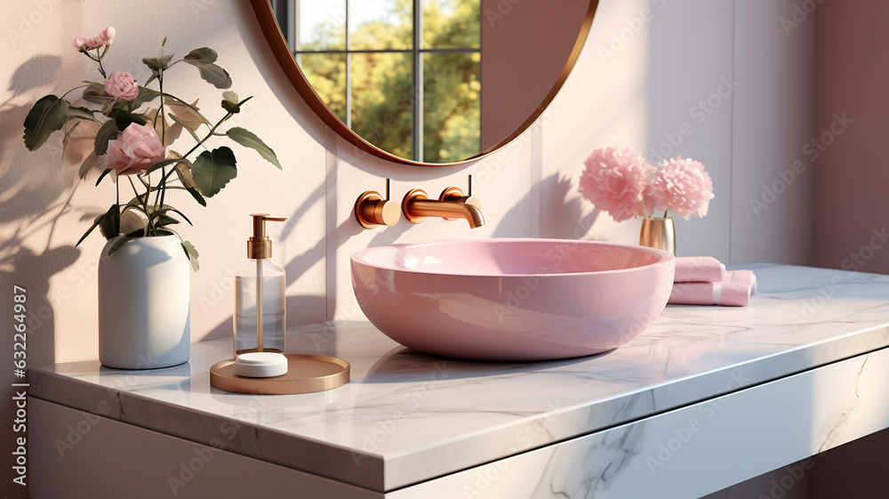 Modern Pink Ceramic Wash Basin with Rose Gold Accents on Marble ...