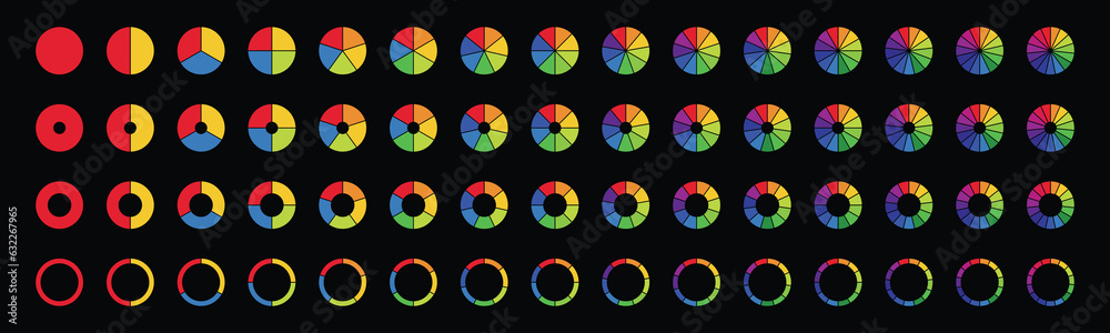 Set of colorful circle pie chart templates. Collection of round pie ...