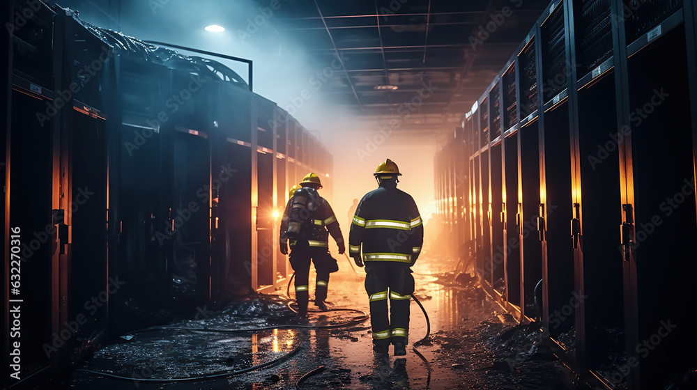 Firefighters tackling data center fire with burning servers racks ...