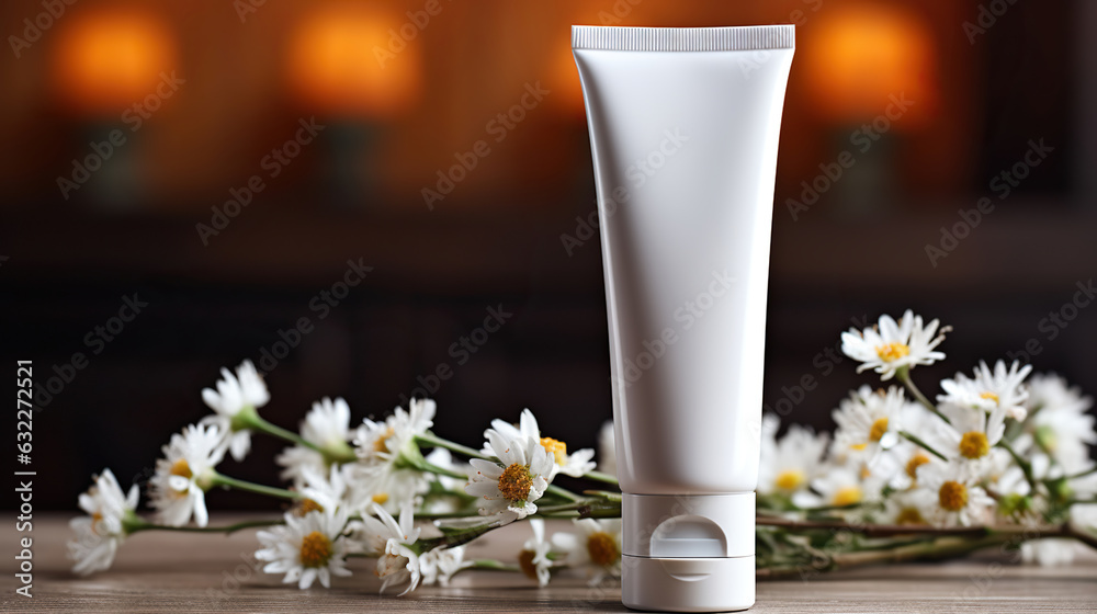 Natural skincare product branding mockup. Blank white squeeze bottle ...