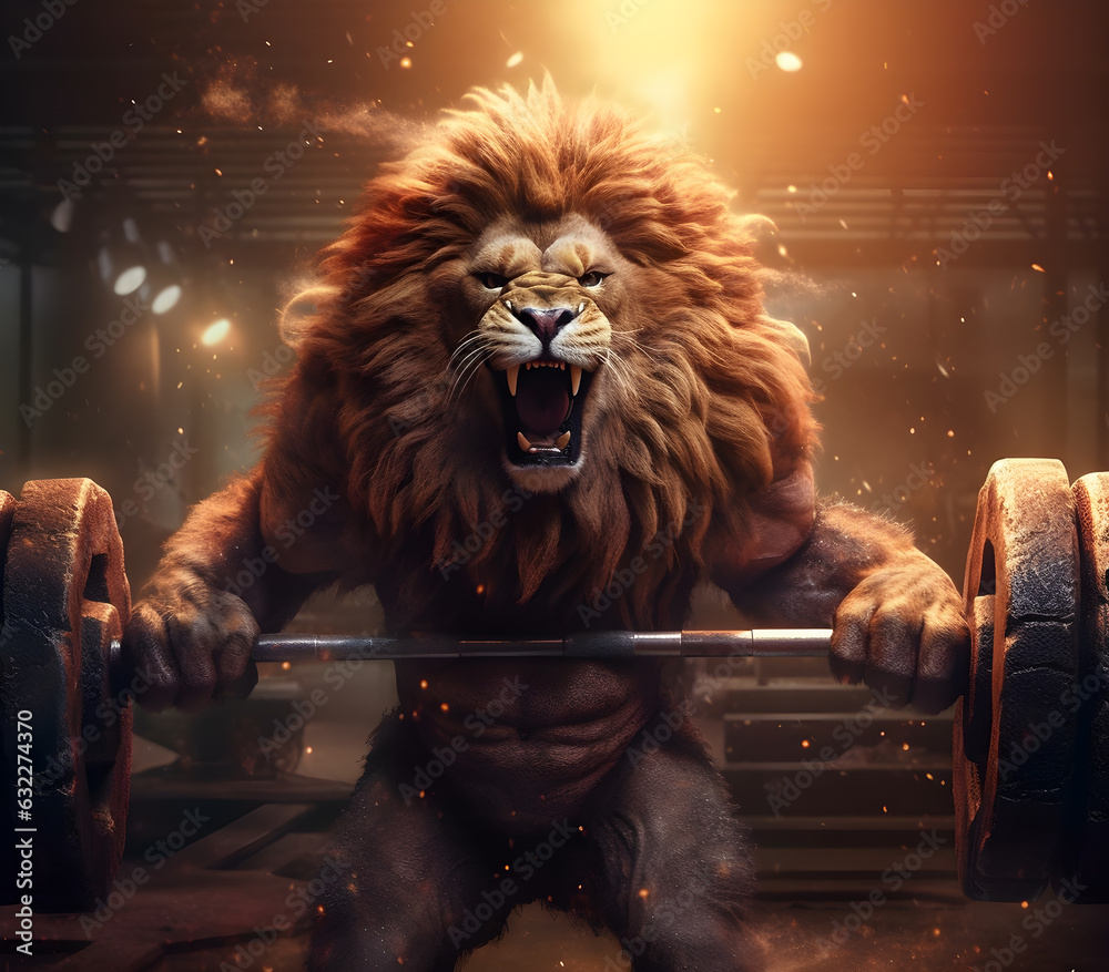 3D Body Builder Lion Lifting Weights in Old Gym, Ai Generated Stock ...