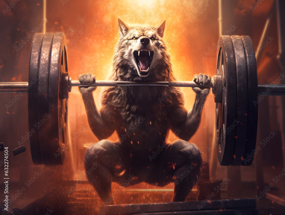 3D Wolf Lifting Weights in Destroyed Gym Fire Behind Wolf, Ai Generated ...