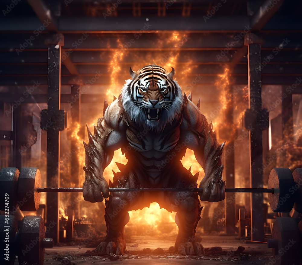 3D Tiger Lifting Weights in Old Gym Fire Behind Tiger, Ai Generated ...