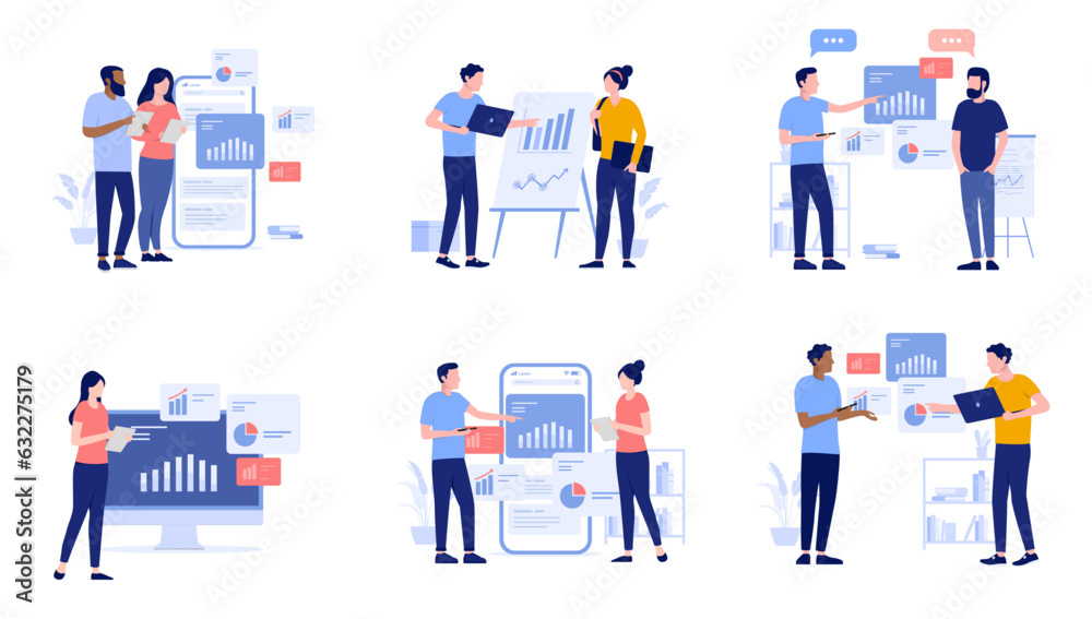 People working with data and charts collection - Set of vector ...