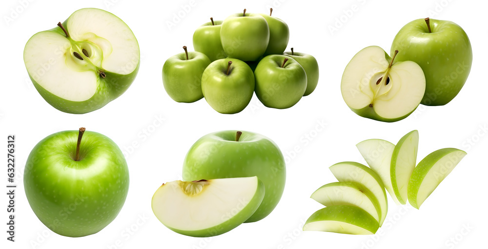 Green apple apples, many angles and view side top sliced halved cut ...