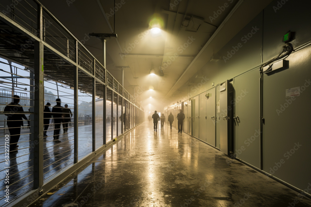 Anonymous inmates walk in the galleries of an imaginary prison Stock ...