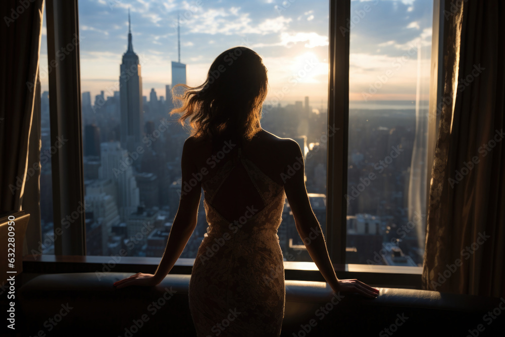 Silhouette of woman in dress looking out from window at cityscape with ...