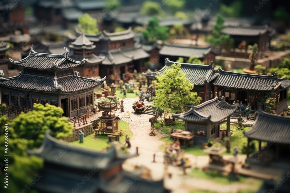 Miniature of traditional chinese village. Selective focus on foreground ...