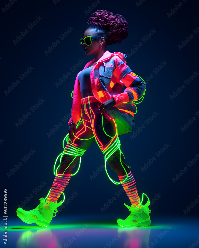 African woman in neon costume and neon shoes, in the style of ...