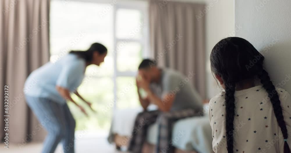 Parents, fighting and girl in a family home listening to mom and dad ...