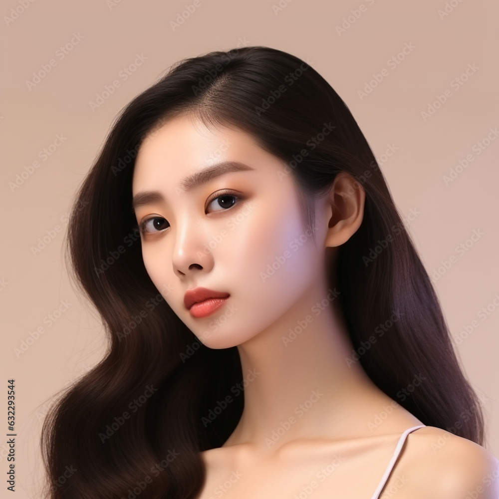 Young Asian Beauty Woman Model Long Hair With Korean Makeup Style Face