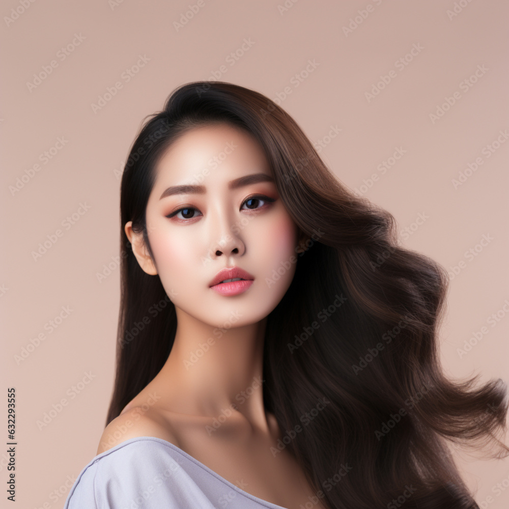 young asian beauty woman model long hair with korean makeup style face ...
