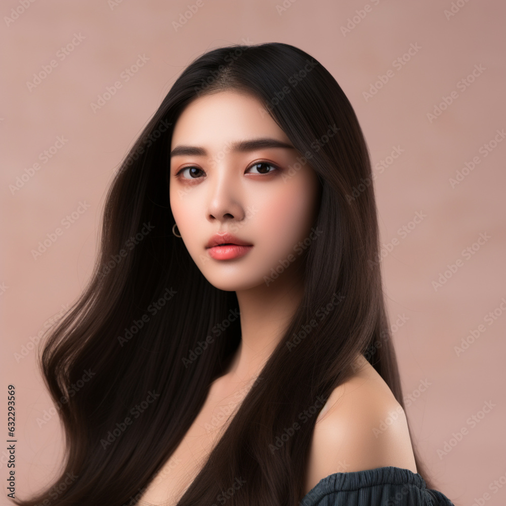 Young Asian Beauty Woman Model Long Hair With Korean Makeup Style Face