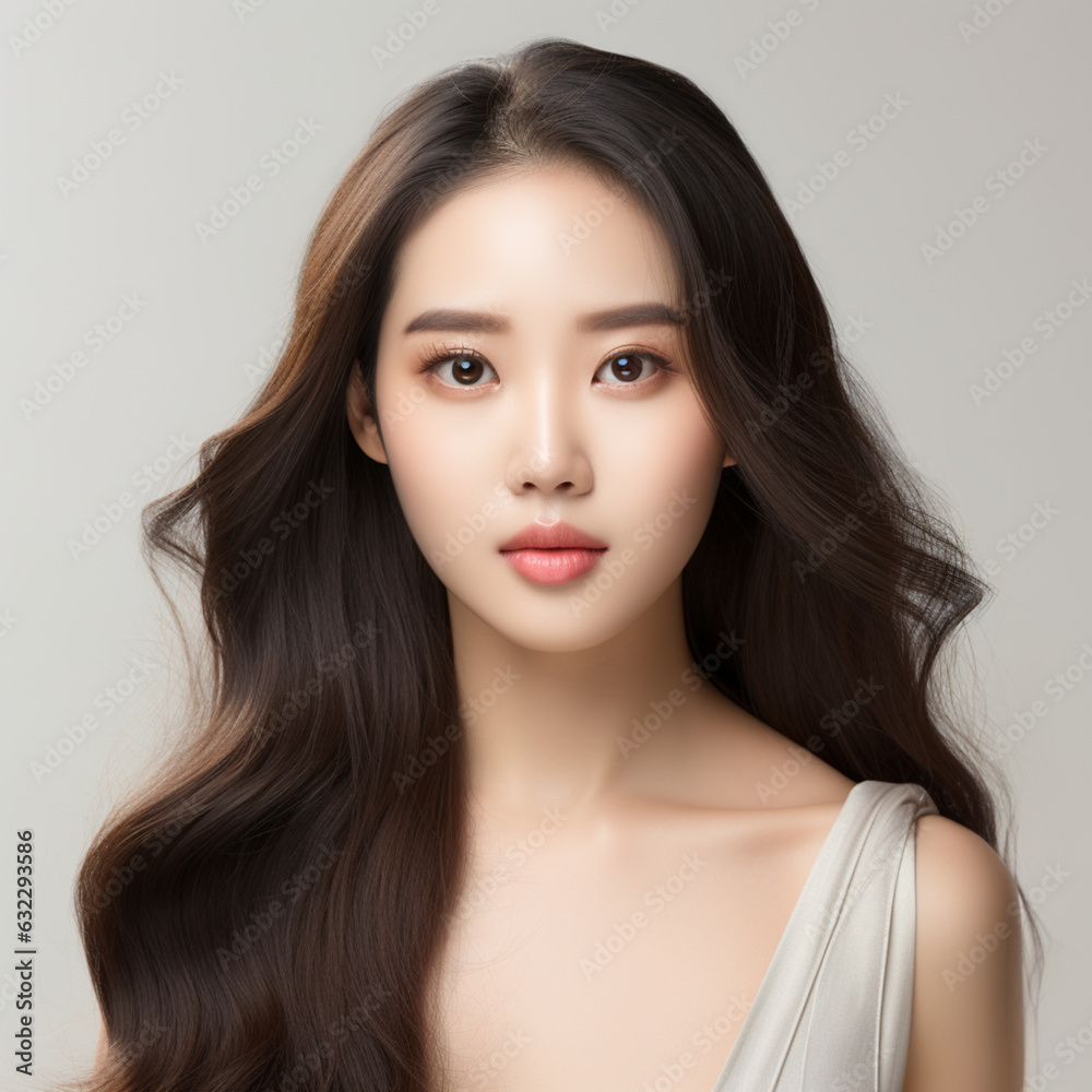 Young Asian Beauty Woman Model Long Hair With Korean Makeup Style Face Perfect Skin Isolated