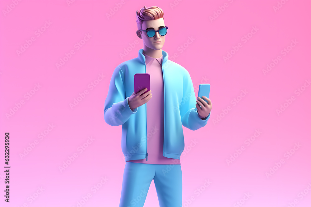 3d illustration of cartoon young man with smartphone isolated on bright ...