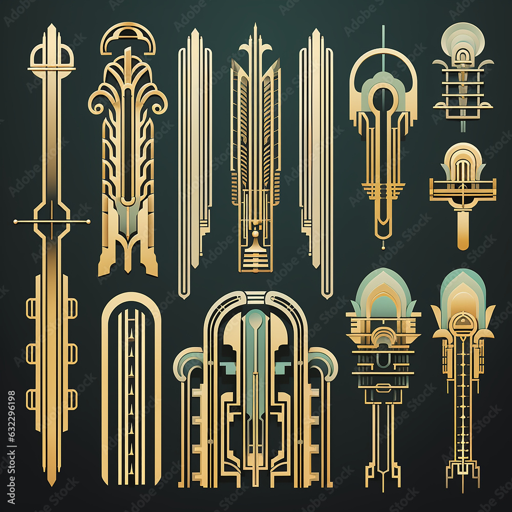 Vintage vectors illustrating Art Deco elements and architectural ...