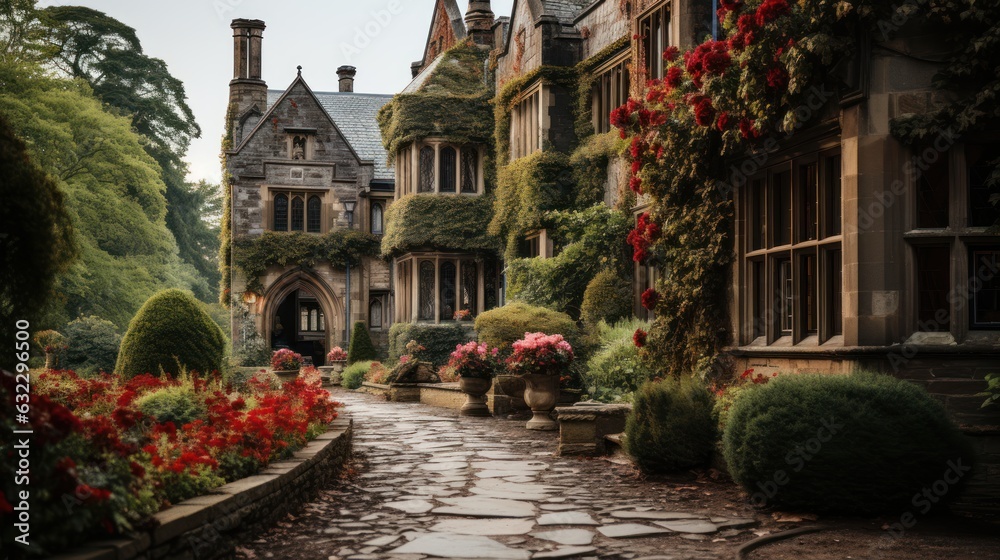 Beautiful gothic garden incircled by the guard wall of an immense manor ...