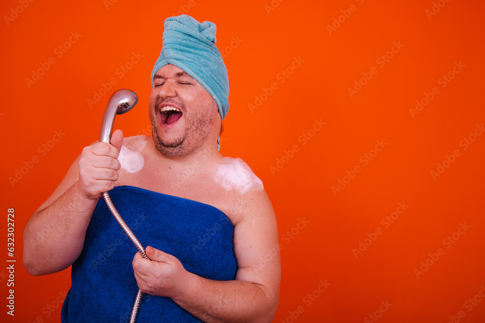 Early morning or late evening at Drag Queen. Funny fat man wrapped in ...