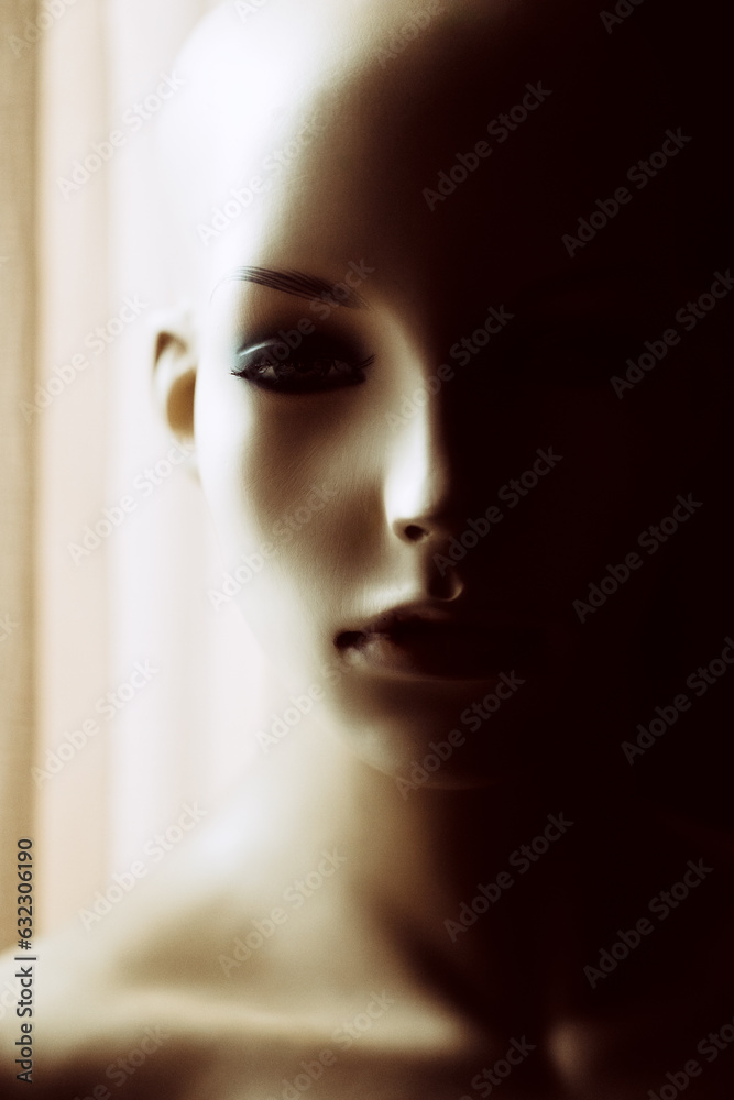 Portrait of a female mannequin with one side of the face illuminated by ...