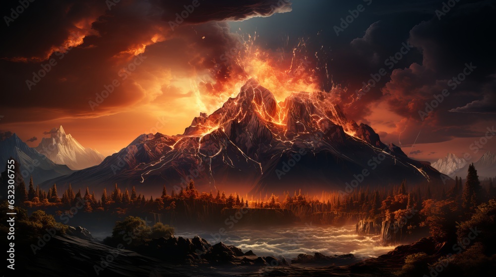 Volcanic activity, lava flow flows down the mountain. Frightening ...