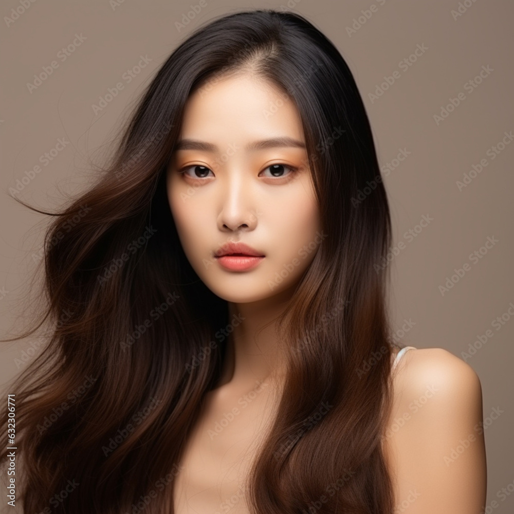 young asian beauty woman model long hair with korean makeup style face ...