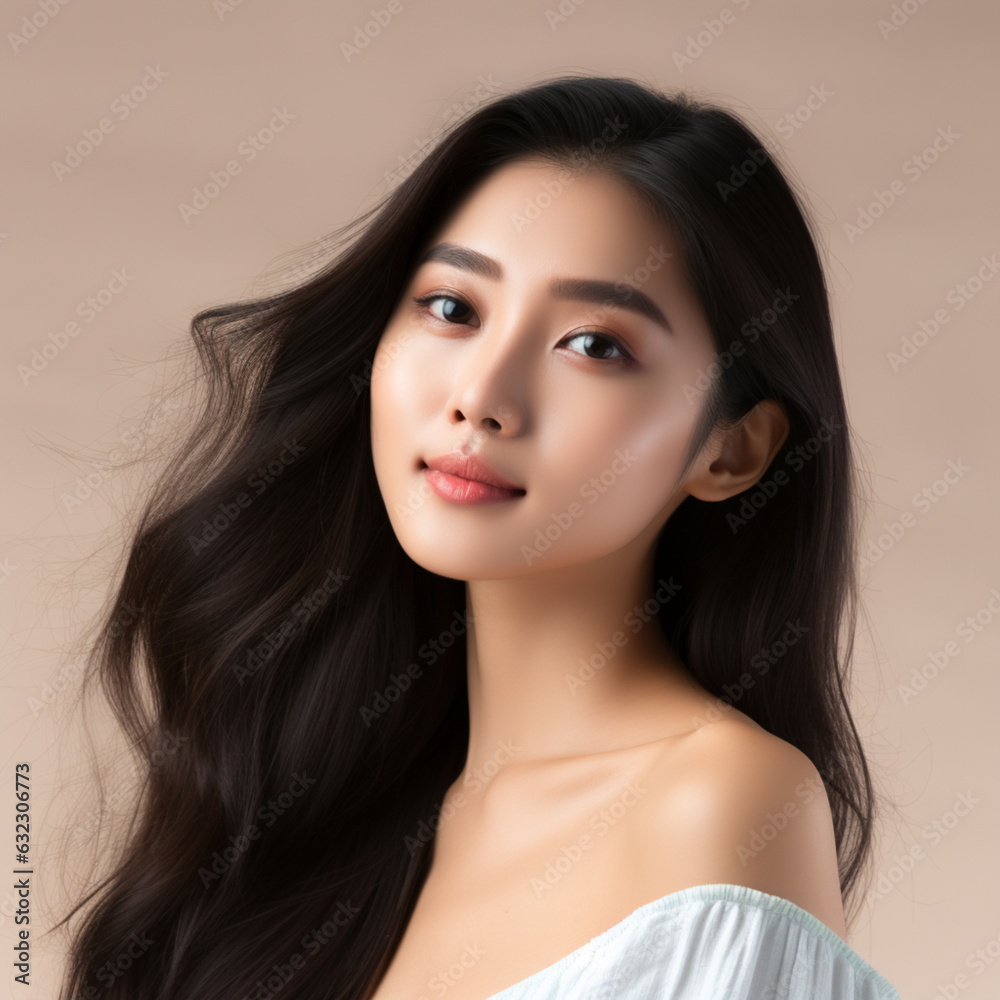 Young Asian Beauty Woman Model Long Hair With Korean Makeup Style Face