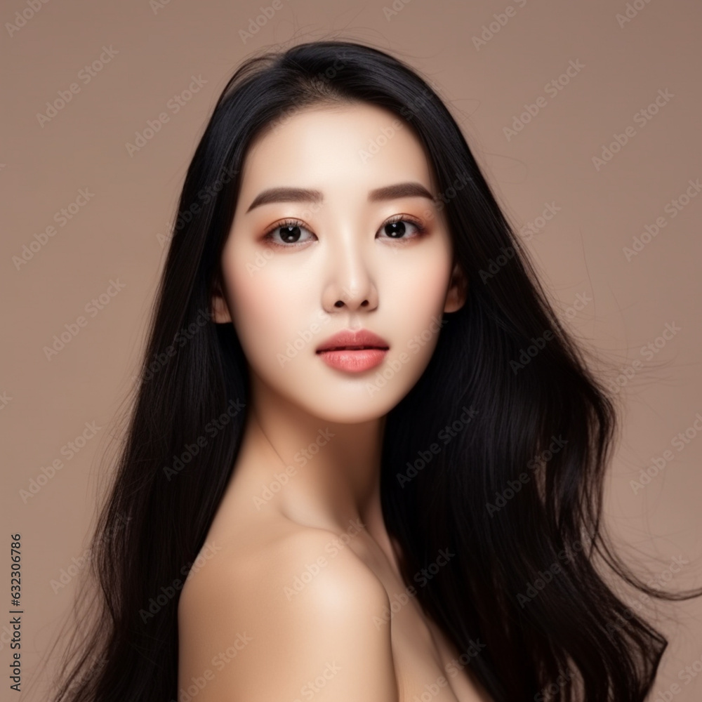 Young Asian Beauty Woman Model Long Hair With Korean Makeup Style Face
