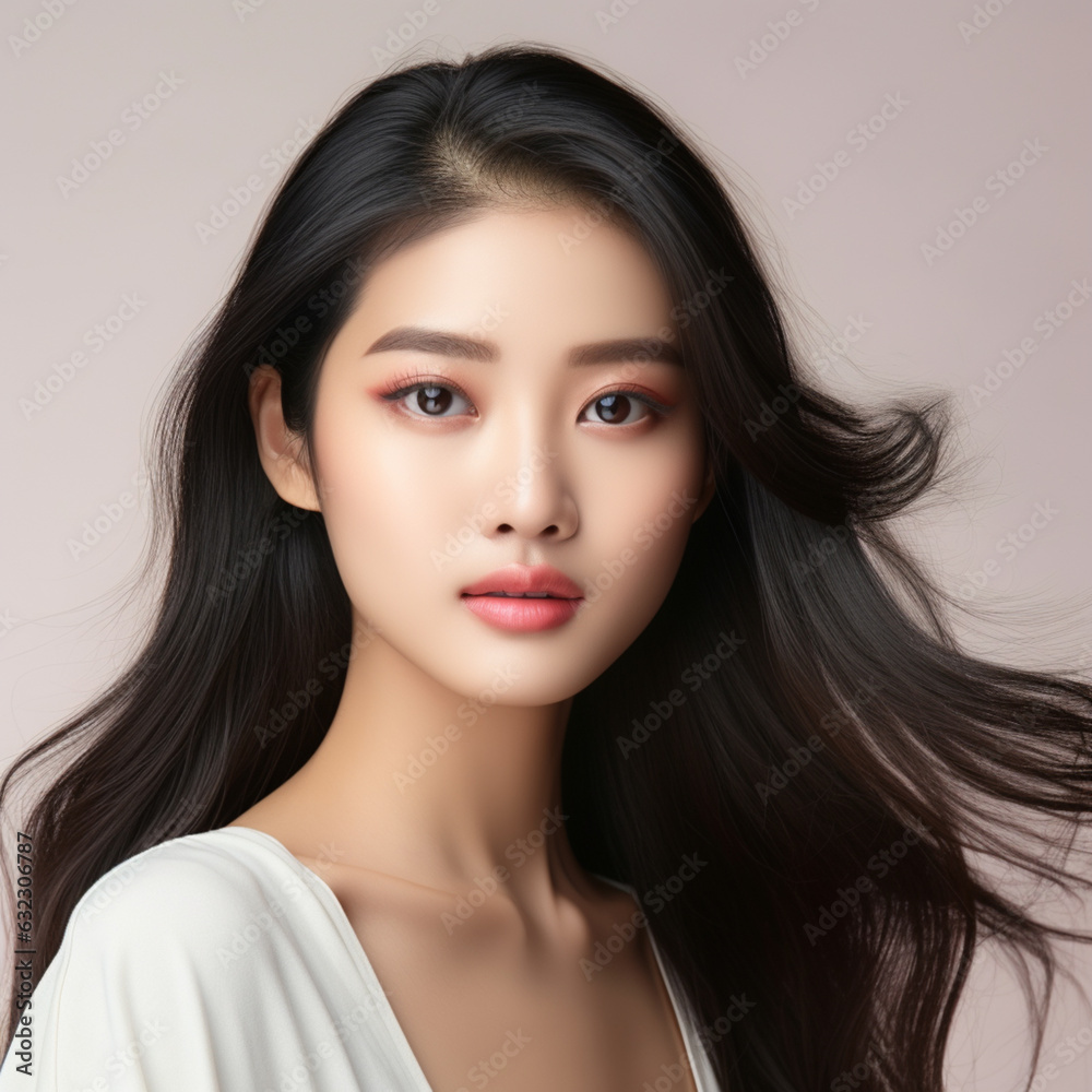 young asian beauty woman model long hair with korean makeup style face ...