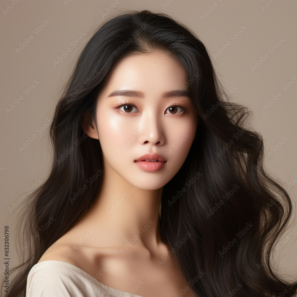 Young Asian Beauty Woman Model Long Hair With Korean Makeup Style Face