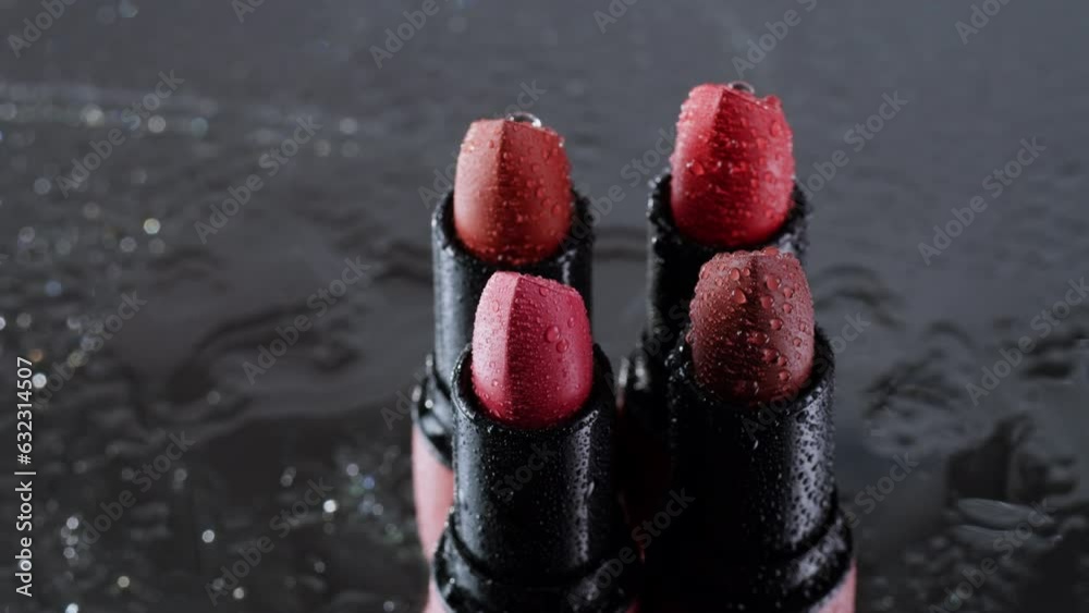 Red lipsticks make up close up background with smoke and water drops ...