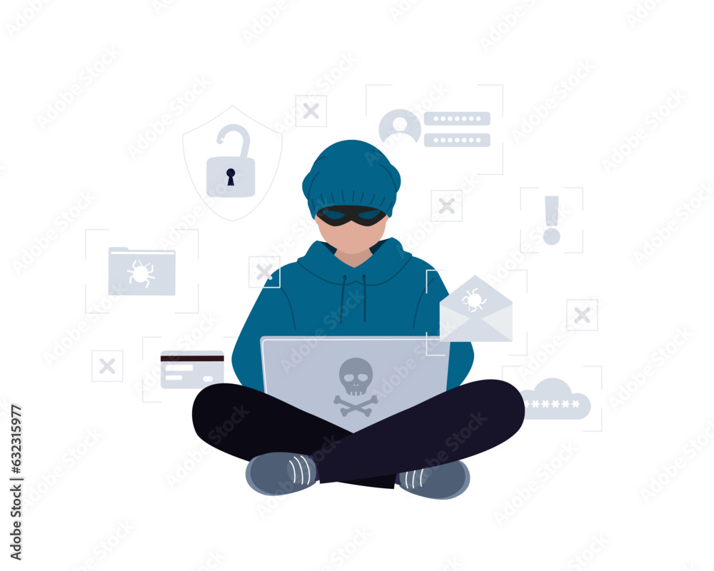 Hacker Cyber Criminal With Laptop Stealing User Personal Data Hacker Attack And Web Security