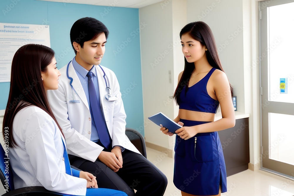 medical specialist conducts the patient reception in the hospital. adolescent athletic lady with ...