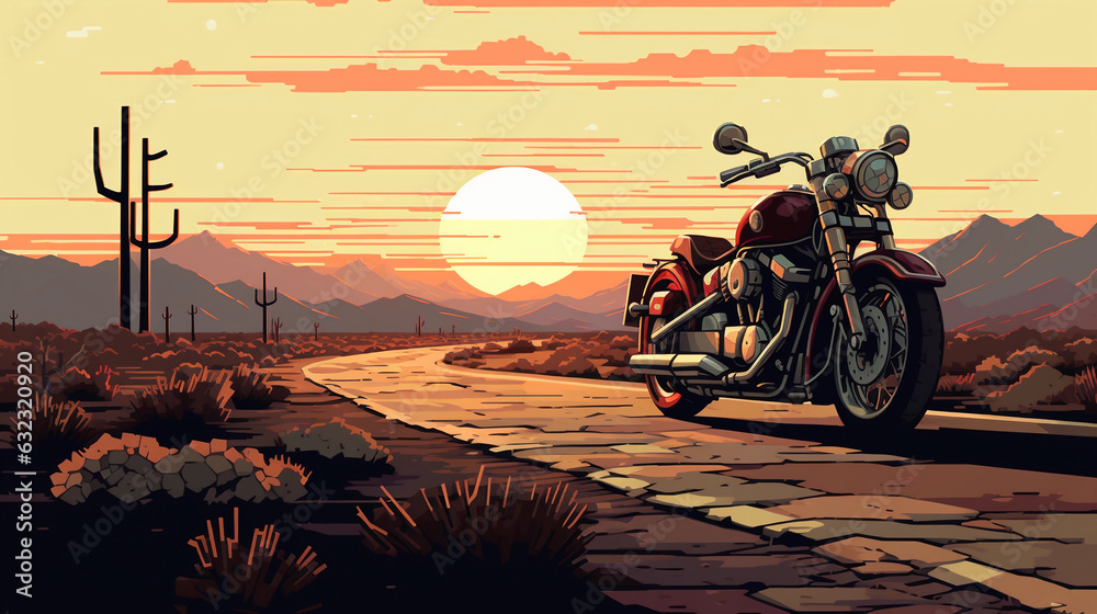 Retro, side - scroller perspective of a classic motorcycle on Route 66 ...