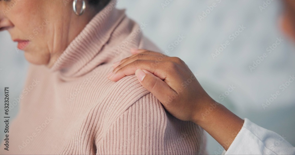 Sympathy, consoling and closeup of caregiver with woman after cancer ...