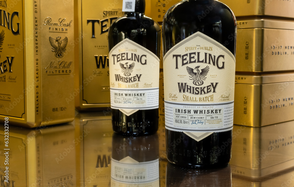 Bottles of Irish whiskey Teeling Small Batch on blurred background of ...