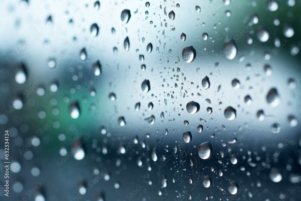 Shiny raindrops splashes falling cascading down wet glossy foggy glass ...