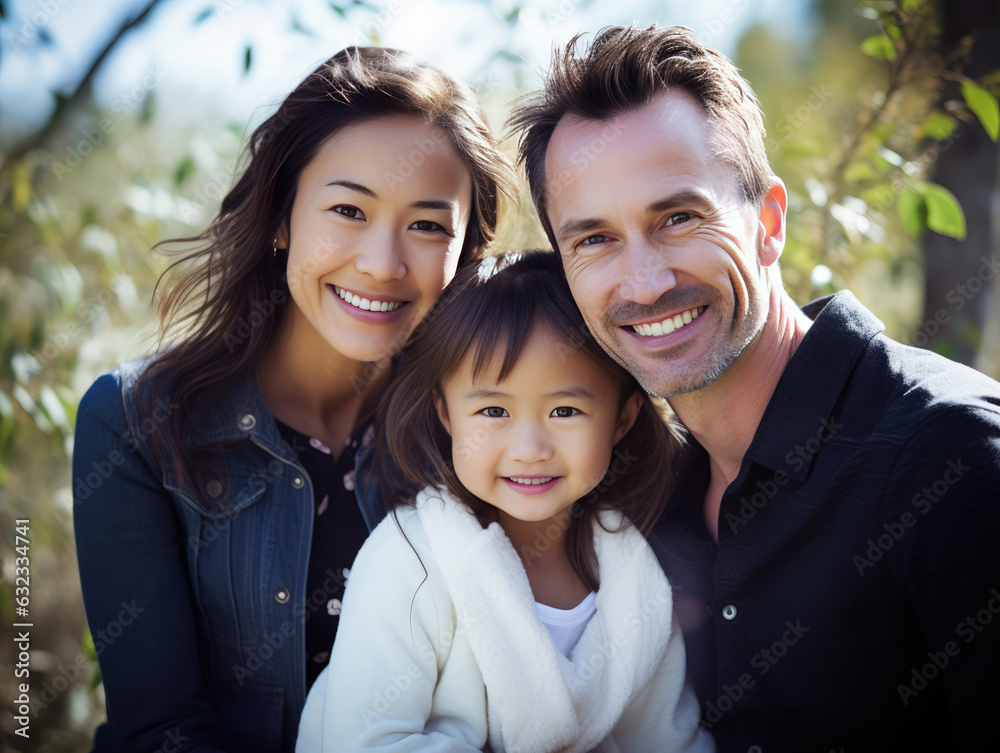 Casual close-up portrait of mixed-race family of white father, asian mother, and biracial ...