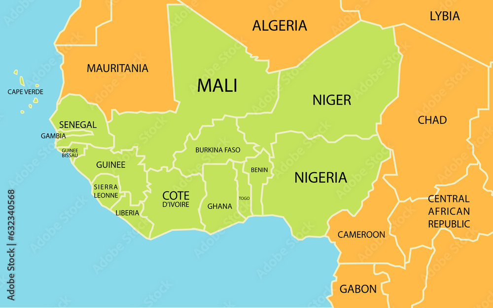 The Economic Community of West African States Map close up. Ecowas ...