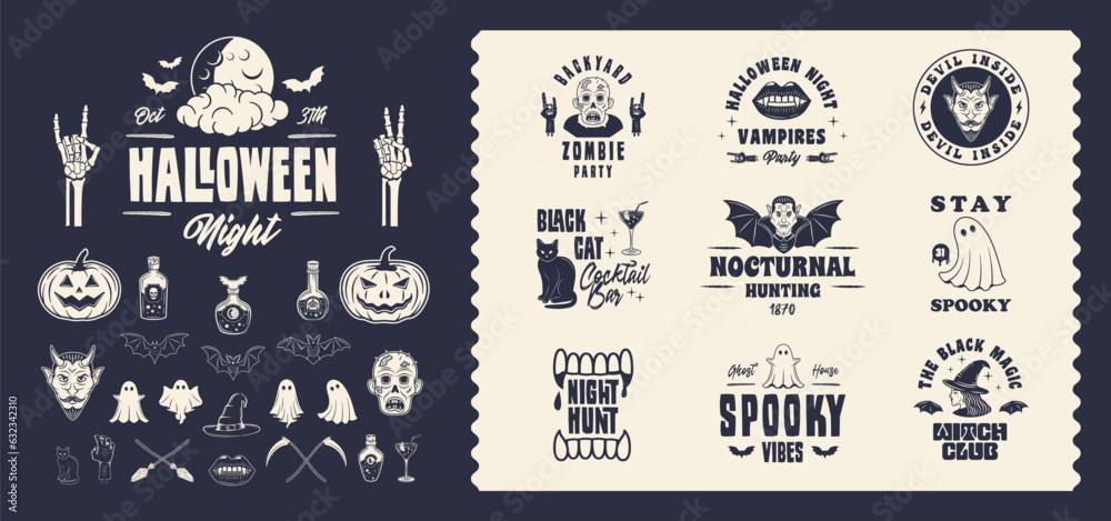 Halloween vector set. Set of 10 halloween logo templates and 24 design ...