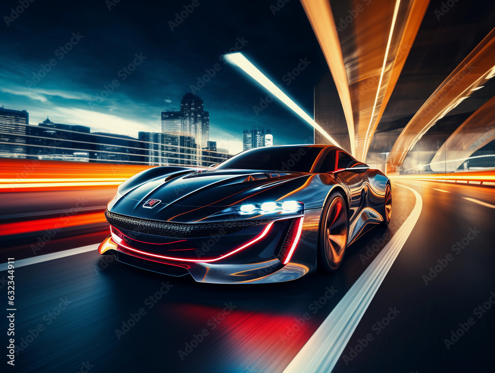 Abstract futuristic racing sportscar on neon background Stock ...