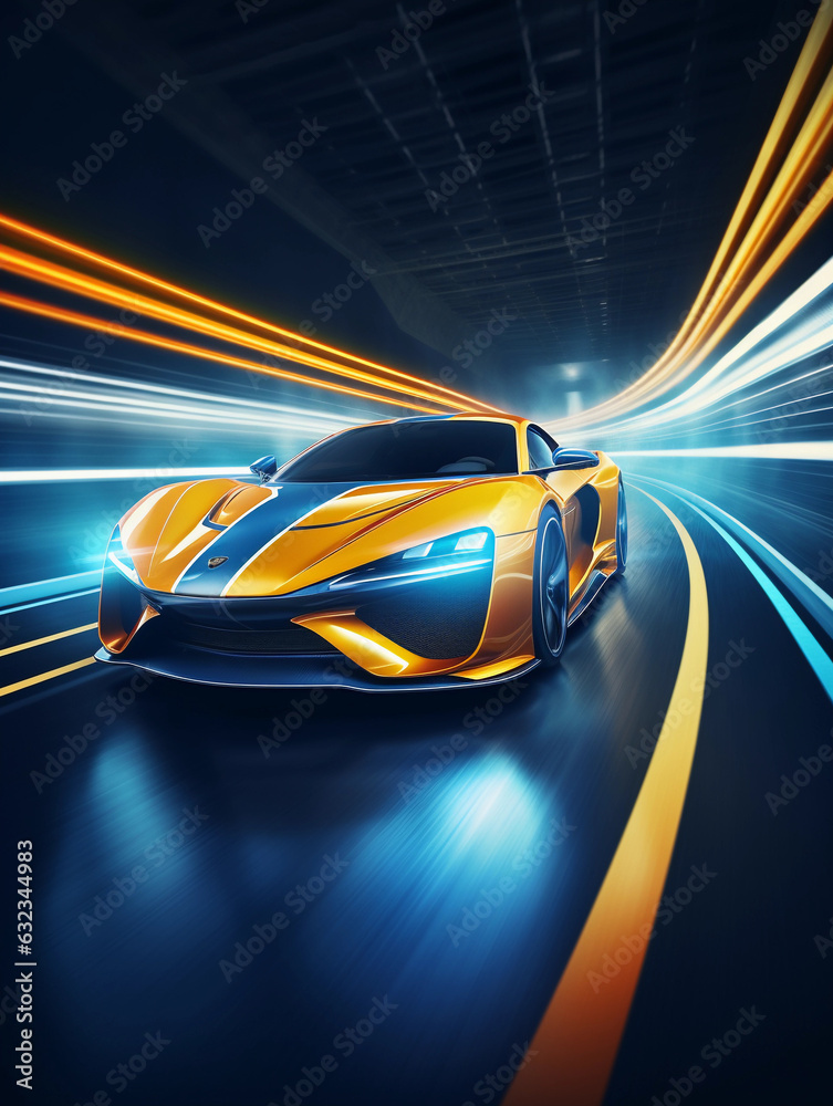 Yellow futuristic racing sportscar on neon background Stock ...