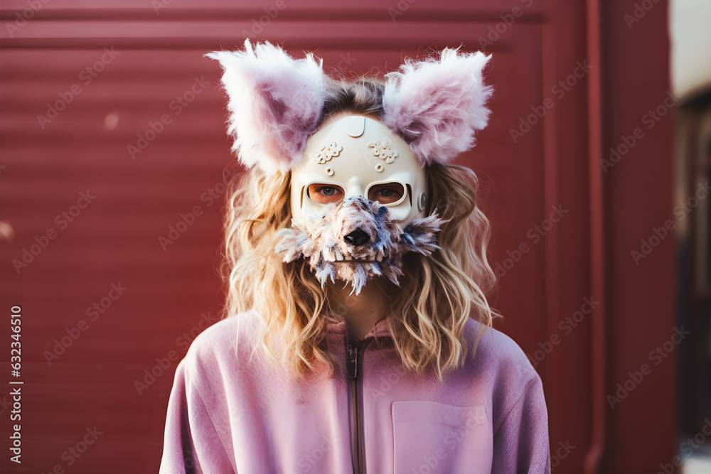 Portrait of a Gen Z blond girl with a pink fox mask. Avatar, surreal ...