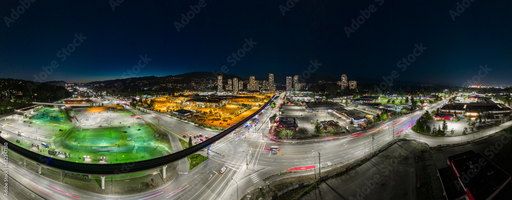 Aerial night-time panoramic photo view of Coquitlam Centre Mall, BC ...