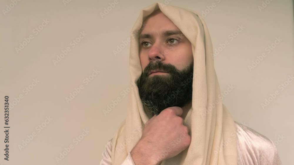 biblical scene, close-up of face Jesus Christ, man in image of Savior ...