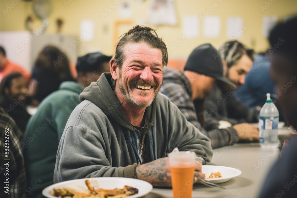 Positive homeless white man sits at a table in a bustling shelter ...
