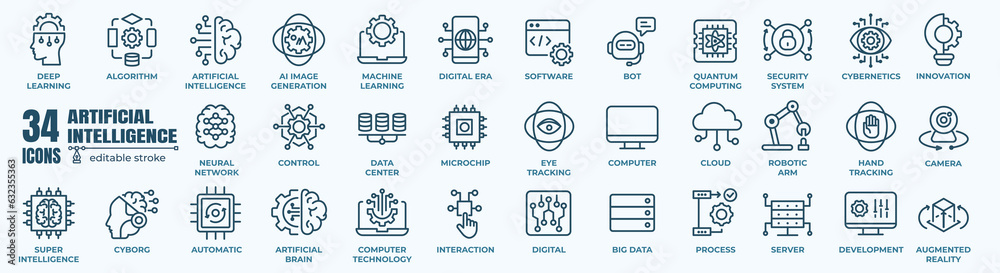 Artificial intelligence and machine learning icon set. Vector graphic ...