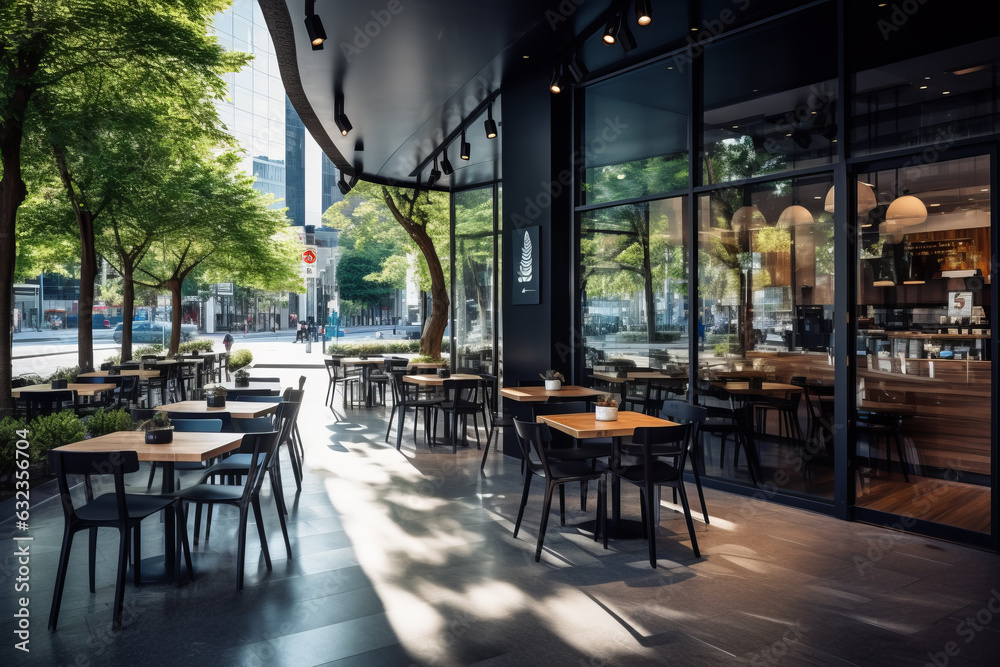 Street View of Modern Business Center Facade Featuring Bustling Cafe ...